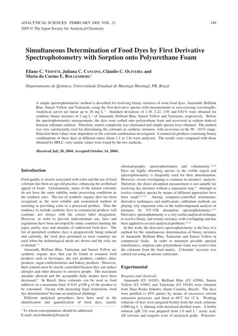 Pdf Simultaneous Determination Of Food Dyes By First Derivative Spectrophotometry With
