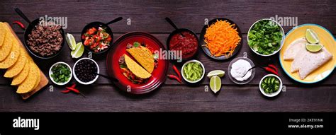 Taco Bar Table Scene With A Selection Of Ingredients Overhead View On