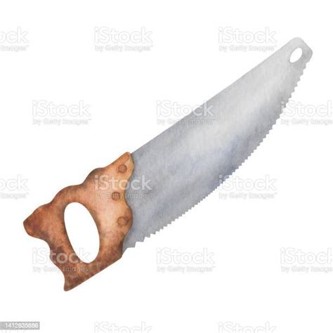 손으로 그린 회색 금속 손의 수채화 그림은 나무 손잡이가있는 도구를 보았습니다 인간을위한 작업 도구 인쇄 명함 포장지용 화이트 클립 아트 요소에 격리 0명에 대한 스톡 벡터