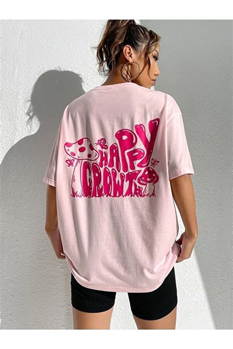 Know Жіночий пудрово рожевий принтований принт Happy Crowth з великими розмірами Tisort Купуй