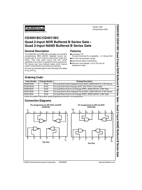 Cd4001bc Cd4011bc Quad 2 Input Nor Buffered B Series Gate Quad 2