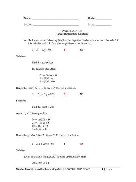 Number Theory Linear Diophantine Equation Cics Computer Science 1