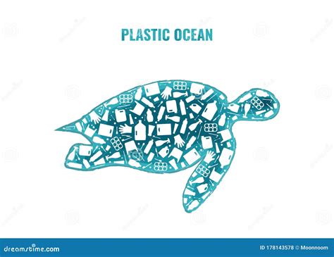 Turtle Stop Ocean Plastic Pollution Concept Vector Illustration
