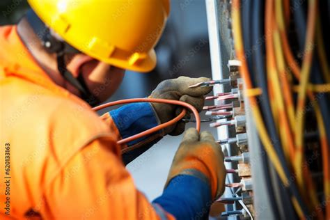 A Portrait Of A Construction Worker Installing Electrical Wiring Holding Wires And Connecting