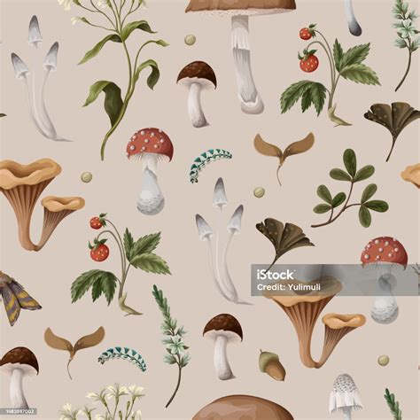 버섯 열매 및 벌레가있는 가을 원활한 패턴 내츄럴한 트렌디한 프린트 0명에 대한 스톡 벡터 아트 및 기타 이미지 0명 10