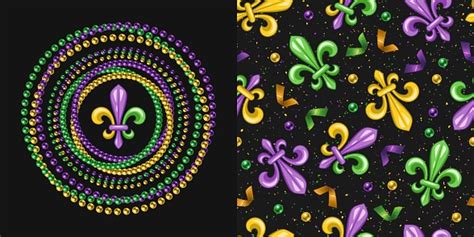 둥근 장식 마디 그라 카니발 장식을 위한 원활한 패턴의 세트 Fleur De Lis 구슬 끈 어두운 배경에 색종이 인쇄물 의류