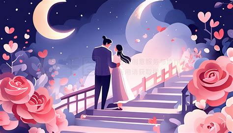 插画AI数字艺术 七夕牛郎织女情侣在楼梯上拥抱玫瑰花和月亮 插画 AI平面元素免费下载 png格式 4032像素 编号70902585 千图网