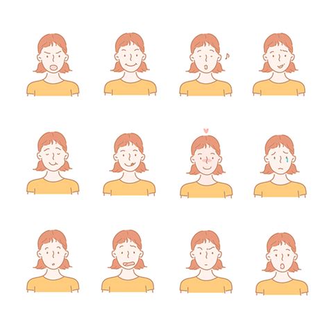 유토이미지 여러가지 감정표정의 여자 얼굴 손그림 스타일 일러스트레이션