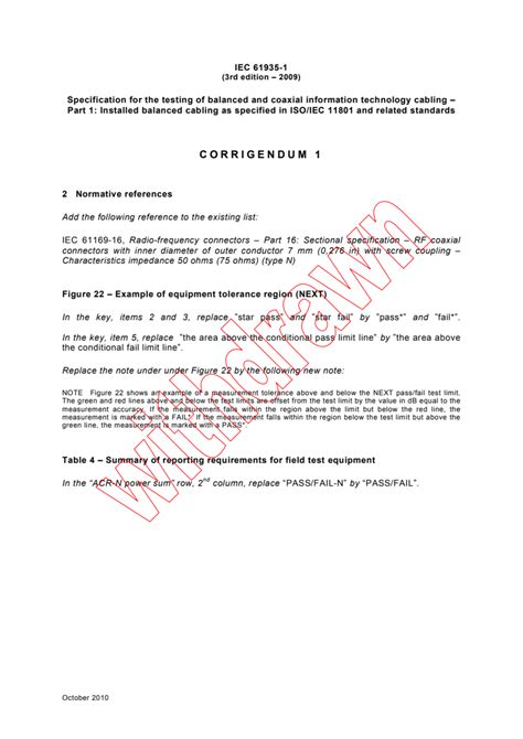 IEC 61935 1 2009 COR1 2010 Corrigendum 1 Specification For The Testing Of Balanced And Coaxial