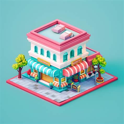 Colorful Isometric Pixel Art Building In Vibrant Urban Setting