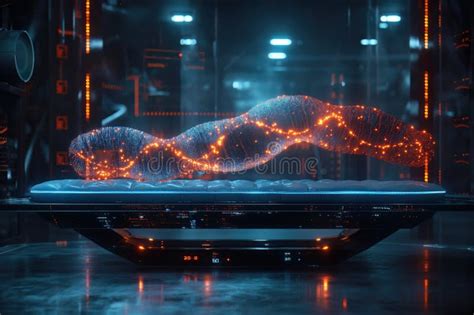 Futuristic Glowing Dna Strand Visualization On High Tech Platform In Lab Representing Advanced
