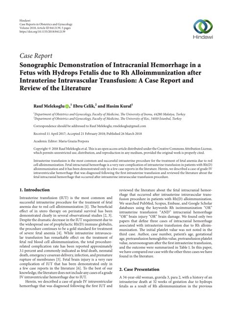 Pdf Sonographic Demonstration Of Intracranial Hemorrhage In A Fetus With Hydrops Fetalis Due