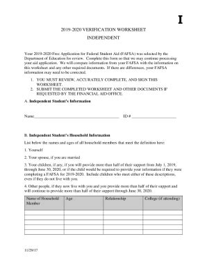 Fillable Online 2019 2020 VERIFICATION WORKSHEET INDEPENDENT Fax Email