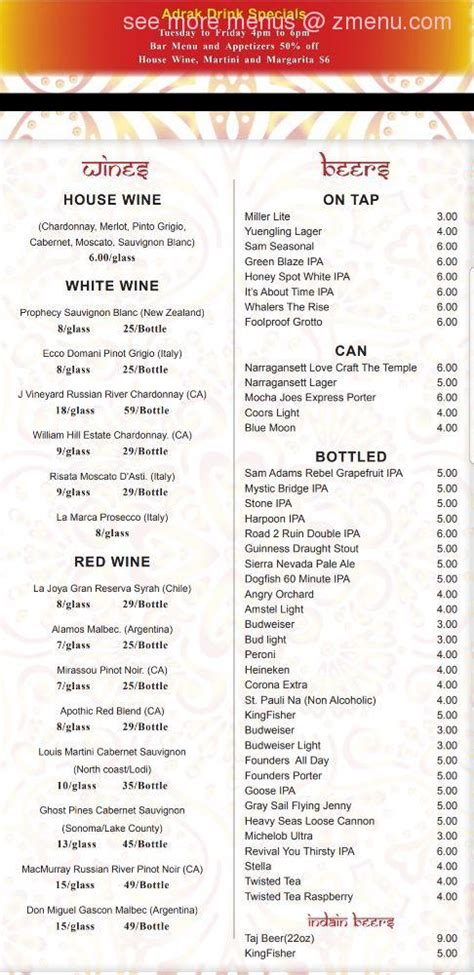 Menu At Adrak 2 Indian Cuisine And Bar Westerly
