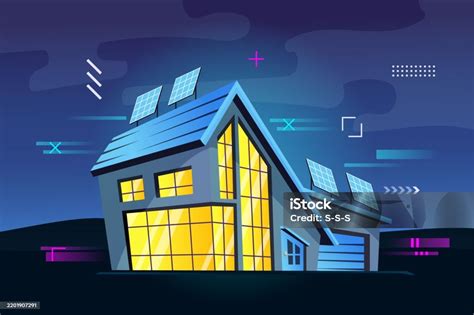 밤 스마트 하우스 태양 에너지 패널 배터리 연결된 와이파이 디지털 기술 차고 스토리지 네온 조명 창 벡터 일러스트 레이 션과 현대적인 미래 가정 0명에 대한 스톡 벡터 아트