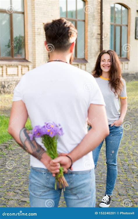 Love Story Flowers Delivery Concept Selective Focus Couple In Love Man Prepared Surprise