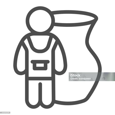 앞치마와 점토 주전자 라인 아이콘 도자기 만들기 개념을 가진 남자 벡터 그래픽입니다 흰색 배경에 큰 꽃병 표시를 가진 인간 모바일 또는 웹 디자인에 대한 개요 스타일 아이콘