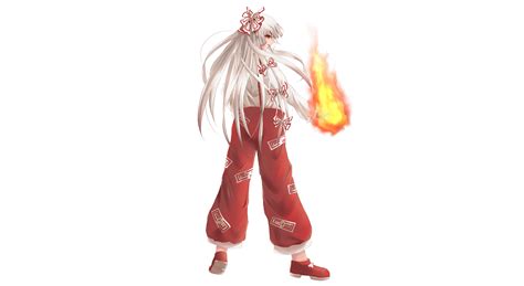 Red Eyes Shoe White Hair Fire Anime Touhou Girl Long Hair