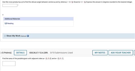 solved use the cross product u×v to find the obtuse angle