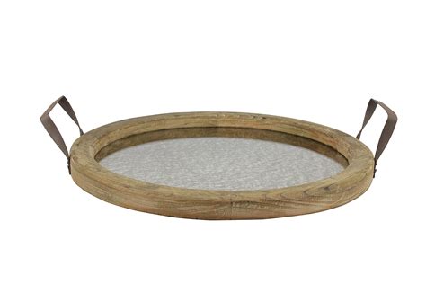 Stonebriar Round Brown Wood Serving Tray With Metal Handles And Distressed Mirror Rustic Butler