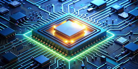 Abstract Circuit Board With Illuminated Processor Background Blue Circuit Board Glowing Cpu