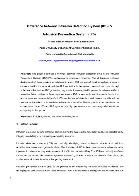 Pdf Difference Between Intrusion Detection System Ids And Intrusion