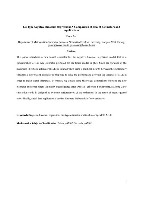 Pdf Liu Type Negative Binomial Regression A Comparison Of Recent Estimators And Applications