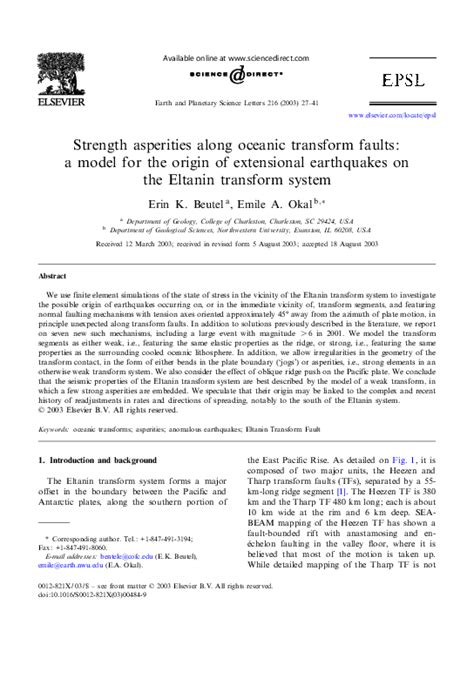 Pdf Strength Asperities Along Oceanic Transform Faults A Model For The Origin Of Extensional