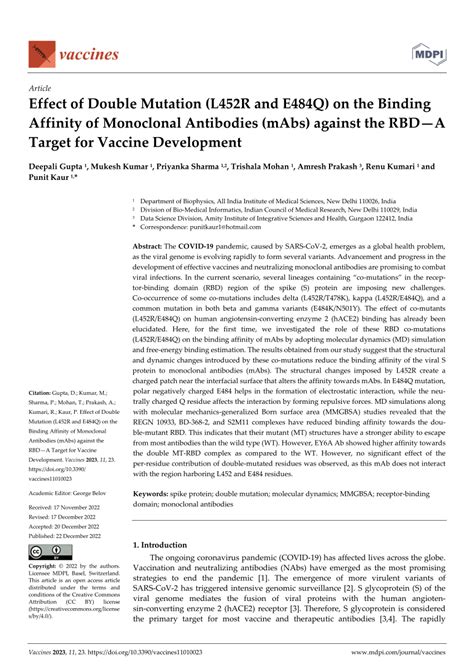 Pdf Effect Of Double Mutation L452r And E484q On The Binding