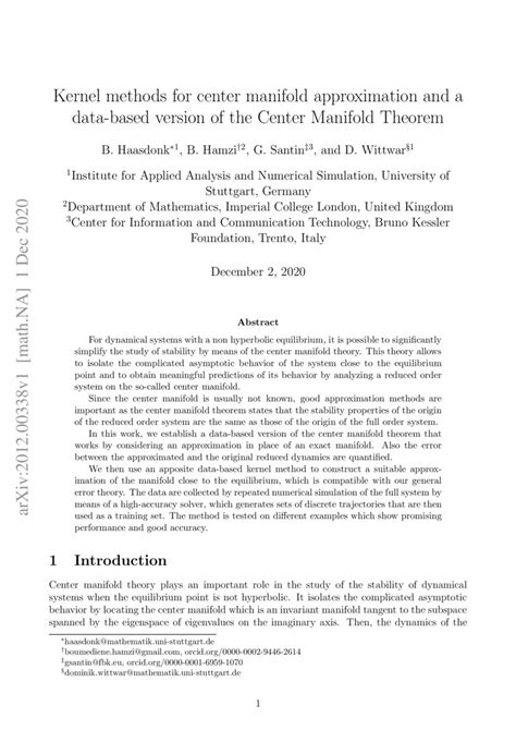 kernel methods for center manifold approximation and a data based