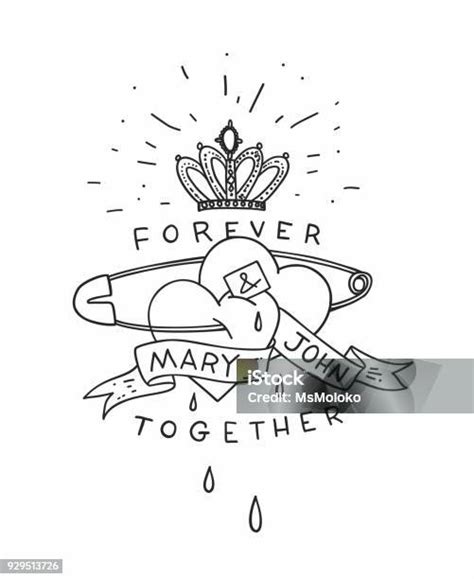 크라운 및 구식 문신 스타일에서 리본 영어 핀 두 마음 손으로 그린된 빈티지 포스터 Ar 카드입니다 벡터 일러스트 레이 션 영원 개념에 대한 스톡 벡터 아트 및 기타 이미지