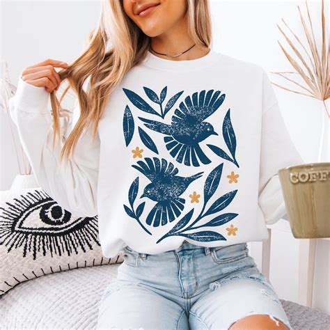 Retro Botanical Birds Sweatshirt Unisex Crewneck Soft Cotton Blend Etsy