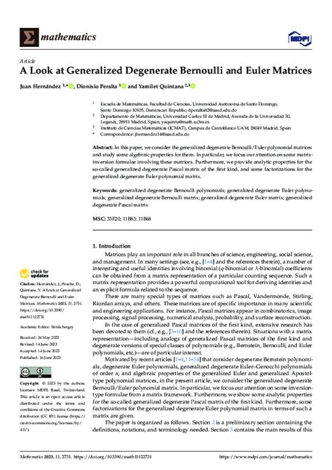 Pdf A Look At Generalized Degenerate Bernoulli And Euler Matrices