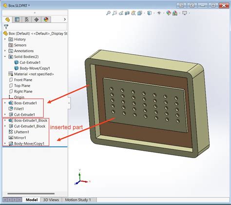 how to combine features from two or more solidworks parts