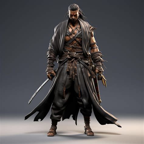 Premium Ai Image 3d Character Male Samurai Toned Bronze Holding A