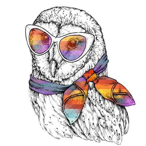 Hand Drawn Fashion Illustration Of Barn Owl With Sunglasses Stock
