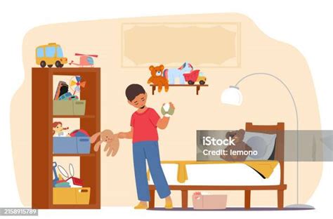 เด็กเล็กทําความสะอาดห้องรกและจัดของเล่นบนชั้นวางส่งเสริมองค์กรและความสะอาด ภาพประกอบสต็อก