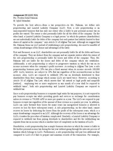 Assignment Iii Lgs311 12th Dec Pdf Limited Liability Company Taxes
