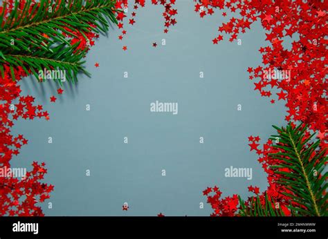 Christmas Frame Border Fir Tree Branches Decorated With Red Confetti