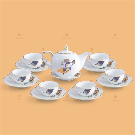 Bộ Trà Mẫu Đơn Sen Xanh Cobalt Kẻ Chỉ Vàng