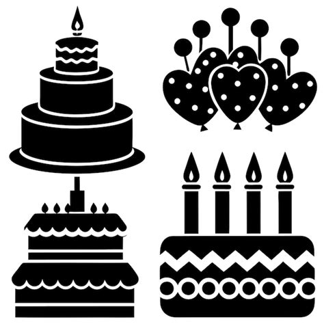 Birthday Cake Icons Set Black Silhouette Vector Art And Illustration