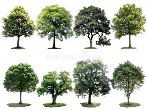 Eight Distinct Tree Varieties Are Displayed Showcasing Diverse Shapes