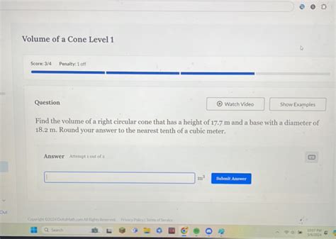 Volume Of A Cone Level 1 Score 3 4 Penalty 1 StudyX