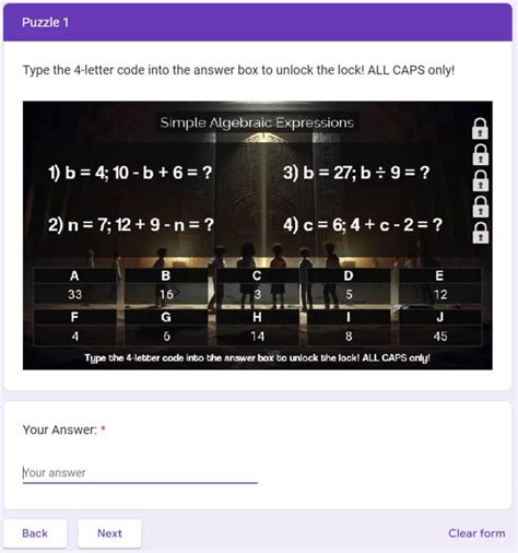 Simple Algebraic Expressions Digital Escape Room Math Breakout Game