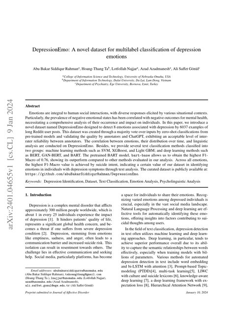 pdf depressionemo a novel dataset for multilabel classification of depression emotions