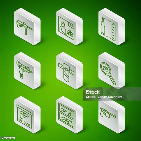 세트 라인 마우저 총 사냥 상점 무기 기관단 M3 칼 권총집 Uzi 기관단 광고 군용 탄약 상자 및 권총 또는 검색 아이콘 벡터 3차원 형태에 대한 스톡 벡터 아트 및 기타