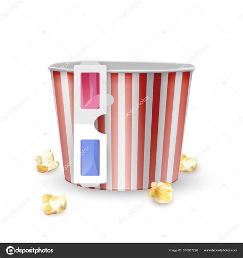 Empty Popcorn Bucket And 3d Glasses On White Background Realistic