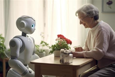 Premium Ai Image An Old Woman Sitting At A Table With A Robot On The