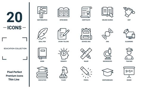 교육 컬렉션 선형 아이콘 세트입니다 얇은 선 수학 깃펜 책 교육 보드 학교 가방 보고서 프리젠 테이션 다이어그램 웹 디자인에 대한 교사 아이콘을 포함합니다 책에 대한 스톡
