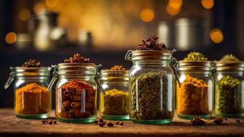 Many Different Dry Spices Glass Jarsvintage Kitchen Culinary Fragrant